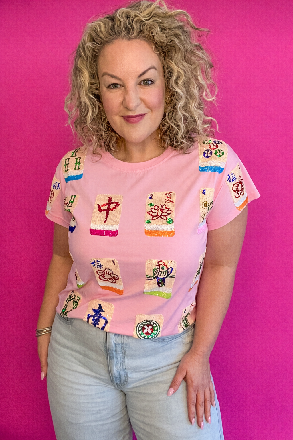 Queen of Sparkles - Light Pink Scattered Mahjong Tee – Golden Lily